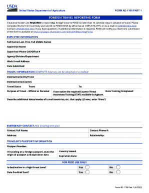 Fillable Online AD-1196 Part 1 - Foreign Travel Reporting Form. Foreign ...