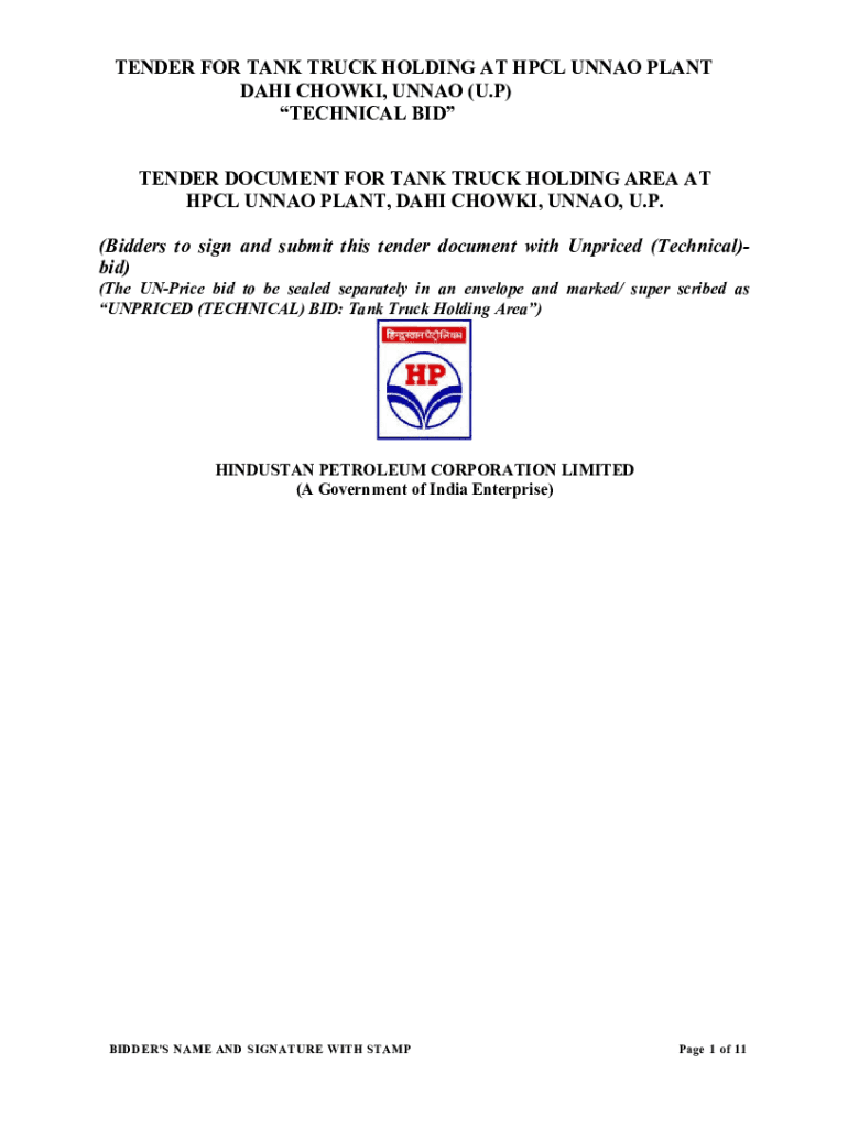 Fillable Online Tender for Tank Truck Holding at HPCL Unnao Plant DAHI ...
