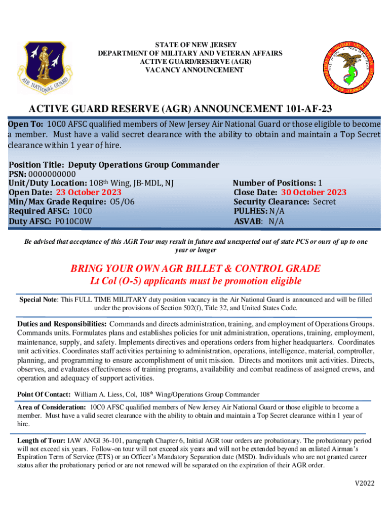 Fillable Online ACTIVE GUARD RESERVE (AGR) ANNOUNCEMENT 101 ... Fax ...