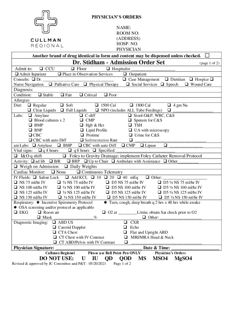 Fillable Online Admission Physician's Order Sheet Page 1 of 2 Fax Email ...