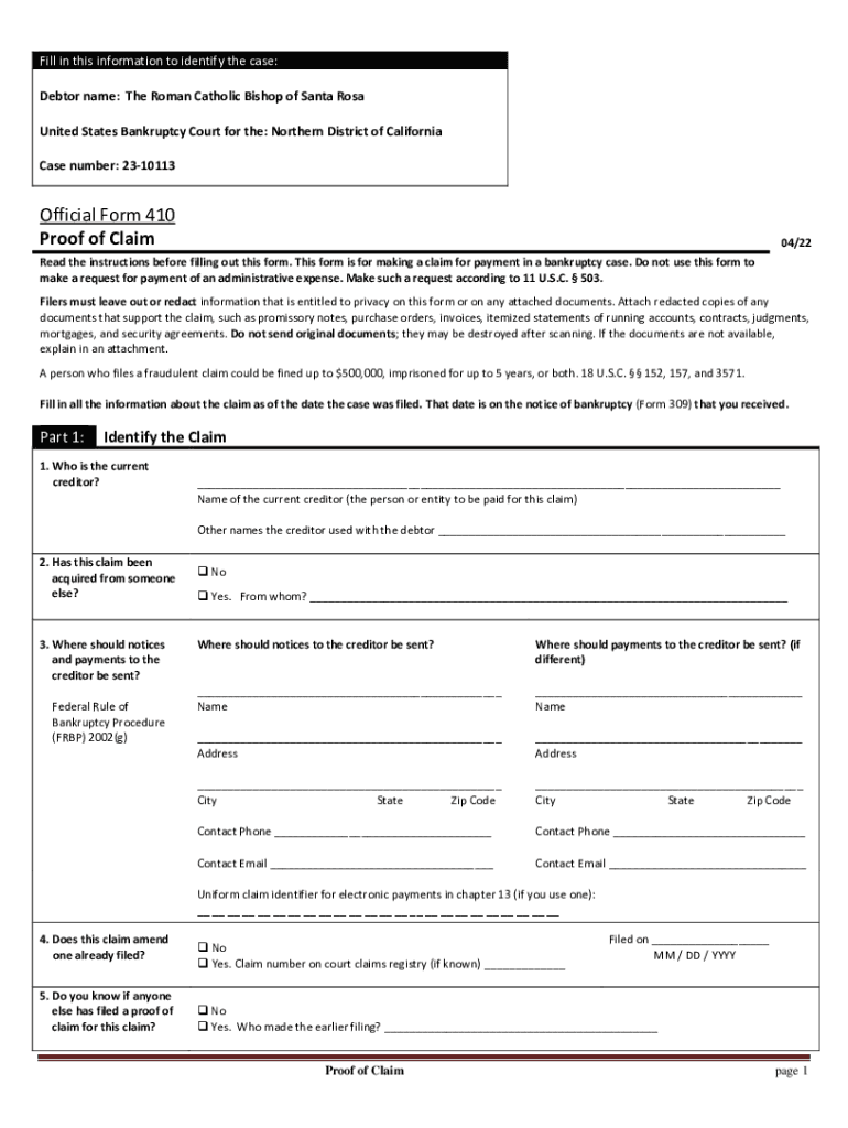 Fillable Online Santa Rosa Diocese files for bankruptcy in face of ...