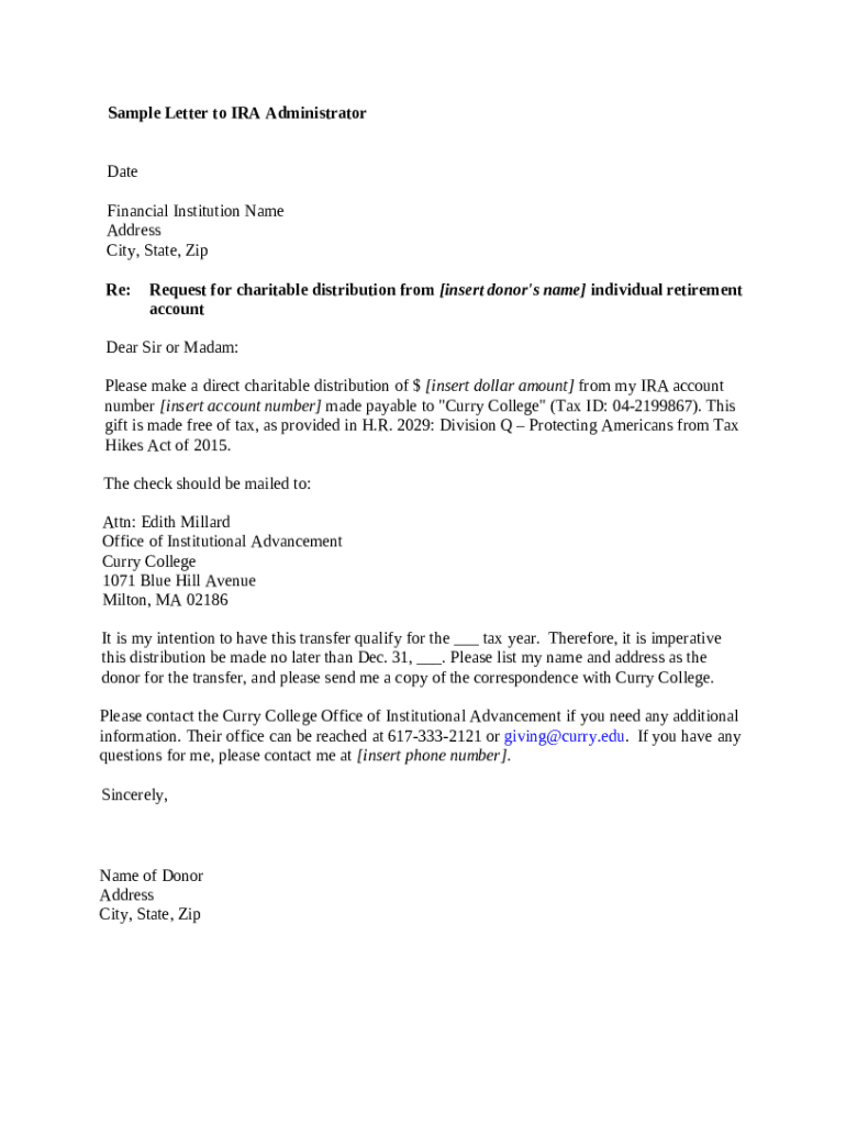 Sample Letter for IRA Charitable Rollover Doc Template | pdfFiller