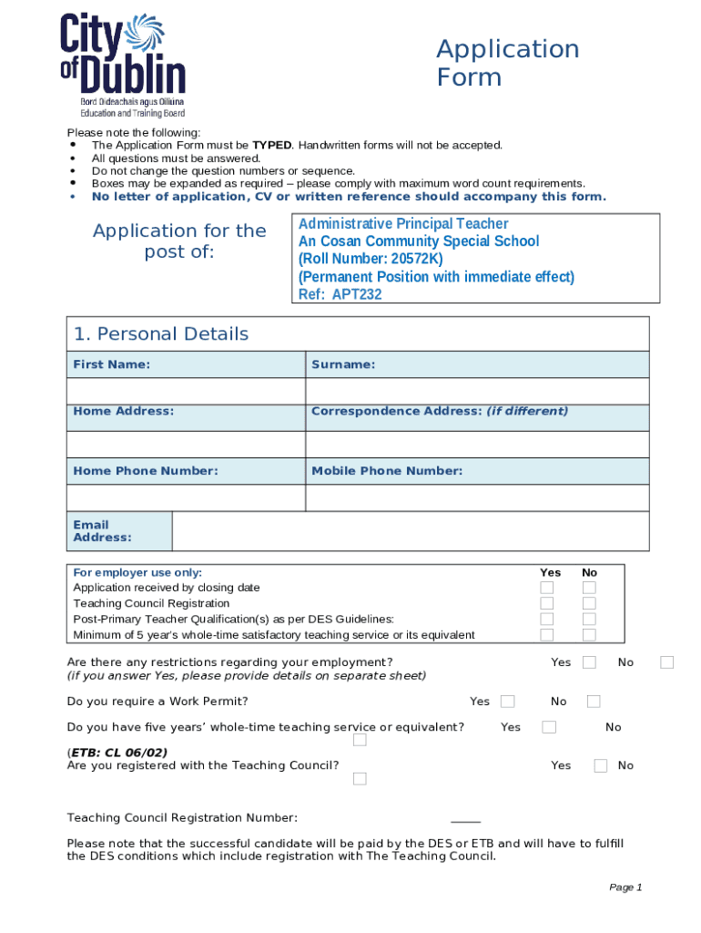 Application - Part-time Tutor - City of Dublin ETB Doc Template | pdfFiller