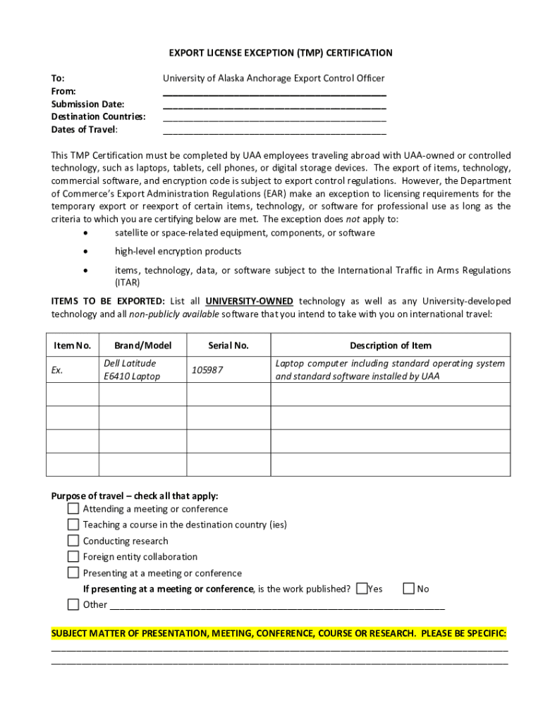 Fillable Online UAA Export License Exception Certification Form Fax Email Print - pdfFiller