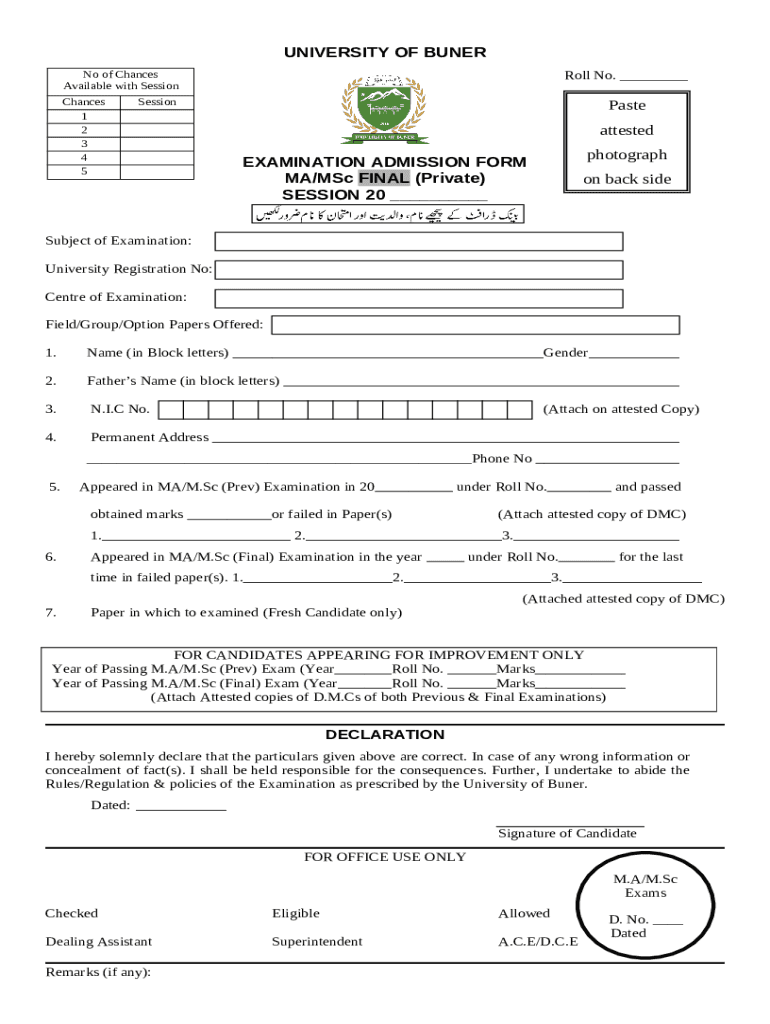 examination admission ma/msc final (Private) session ... Doc Template | pdfFiller