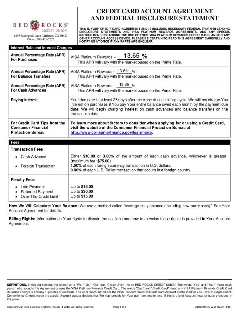 Fillable Online Credit Card Disclosure Statement and Agreement for ...