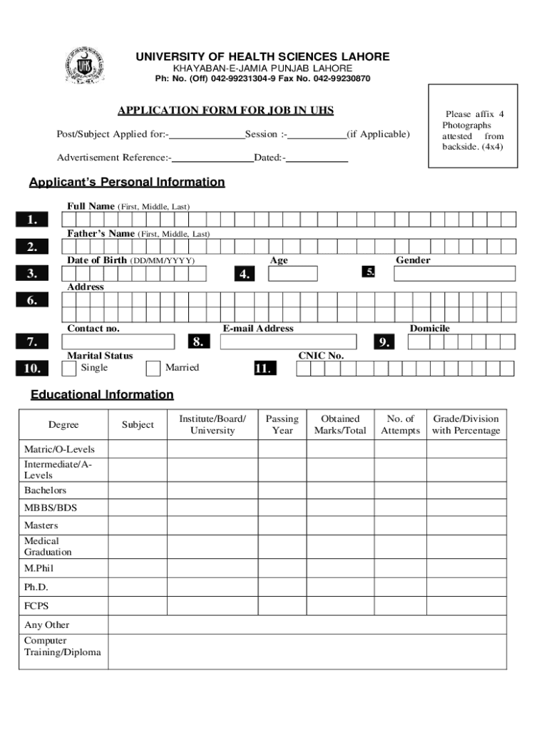 Fillable Online Application Form for Job in UHS Fax Email Print - pdfFiller