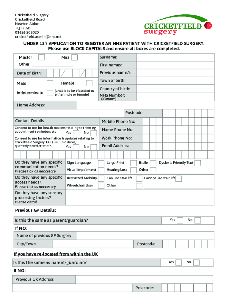 Fillable Online cricketfieldsurgery co application to register an nhs ...