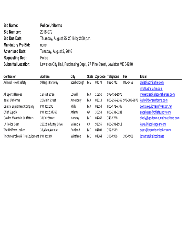 Fillable Online uniforms and equipment bid Bids, RFP & Government ...