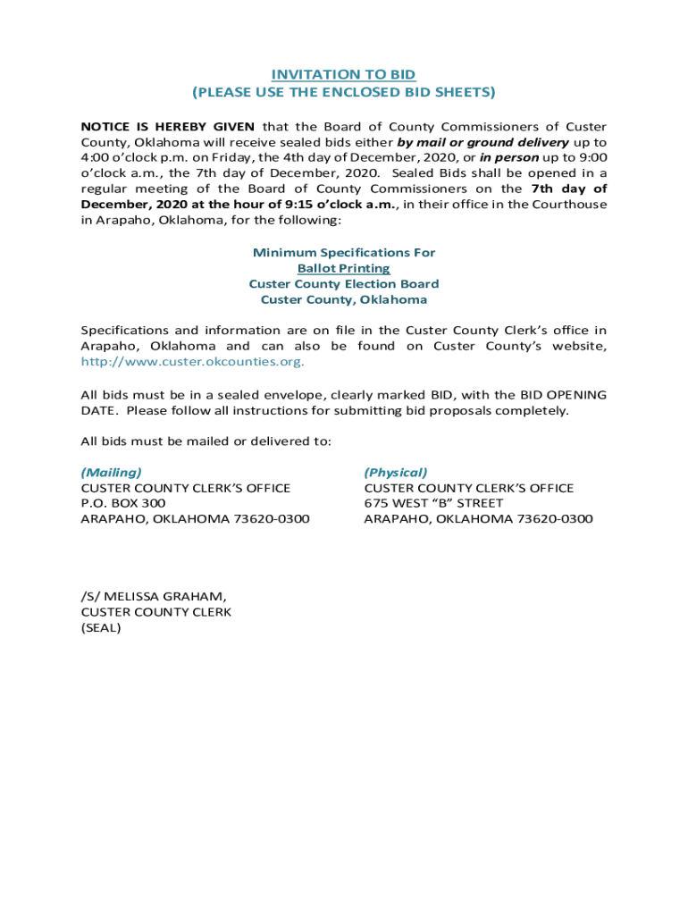 Fillable Online custer okcounties 5. Issued By and RETURN SEALED BID TO: - Oklahoma.gov Fax ...