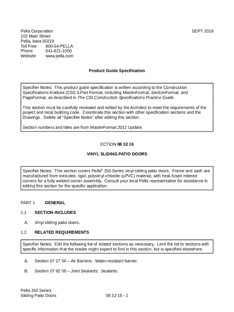 Pella 350 Series Sliding Patio Doors. Guide Specification Doc Template | pdfFiller