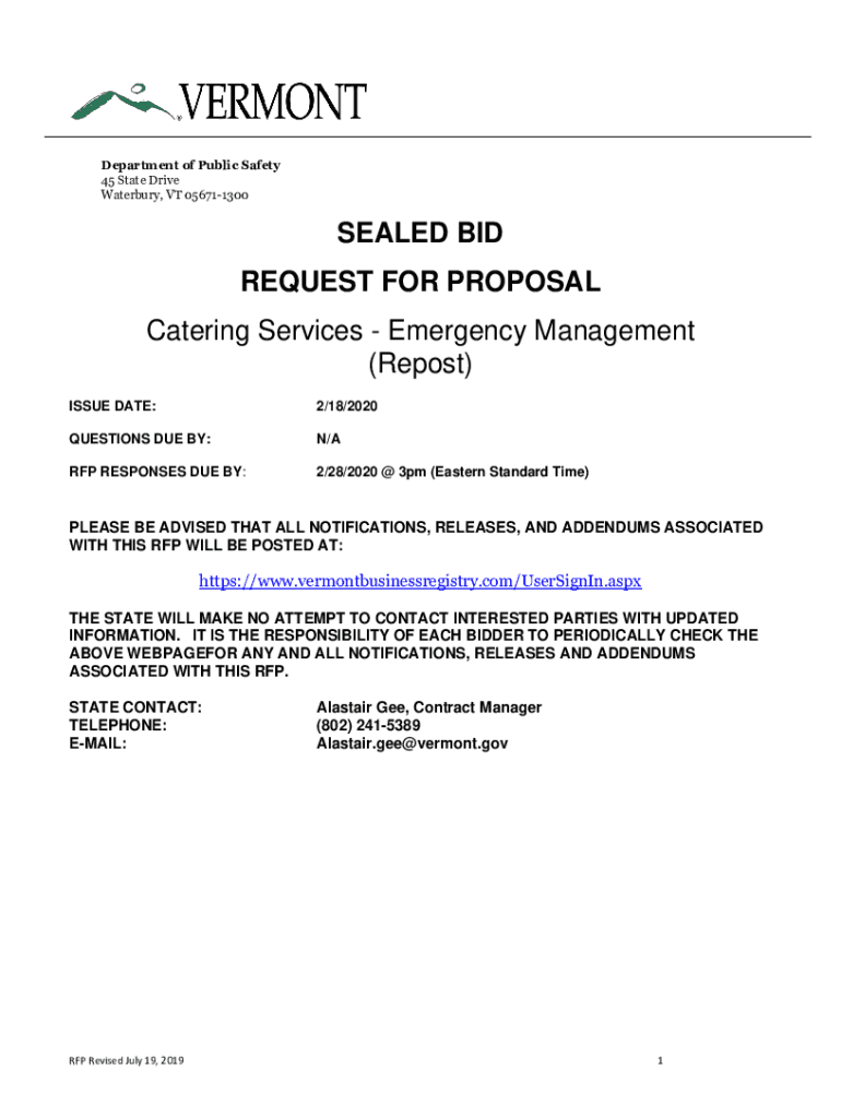 Fillable Online SEALED BID REQUEST FOR PROPOSAL Catering Services Fax ...
