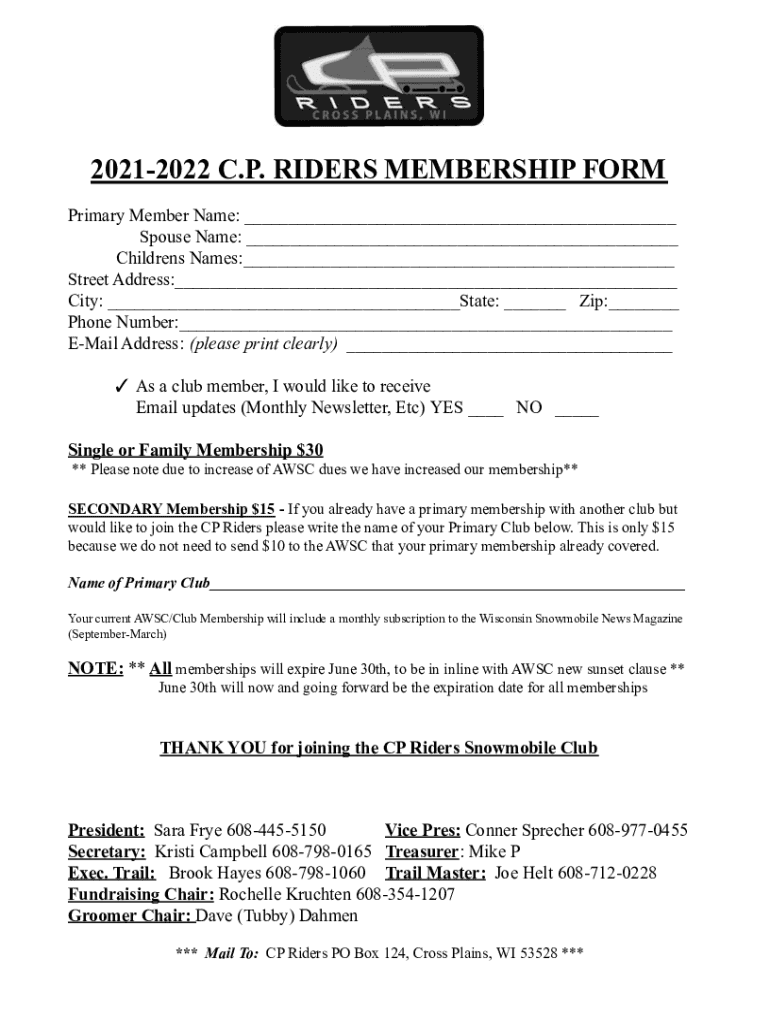 Fillable Online 2021-2022 CP Riders Membership Form Fax Email Print ...