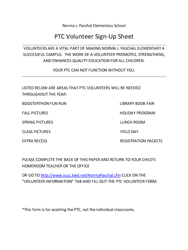 Fillable Online PTC Volunteer Sign-Up Sheet Fax Email Print - pdfFiller