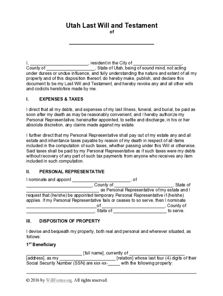 Last Will And Testament Form Utah - Fill Online, Printable, Fillable ...