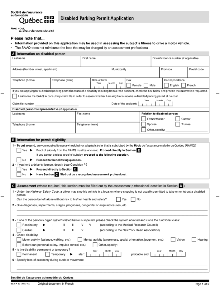 Fillable Online Disabled Parking Permit Application. Form to be filled ...
