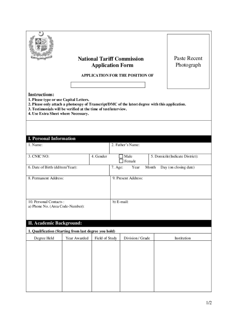 Fillable Online National Tariff Commission Application Form Fax Email ...