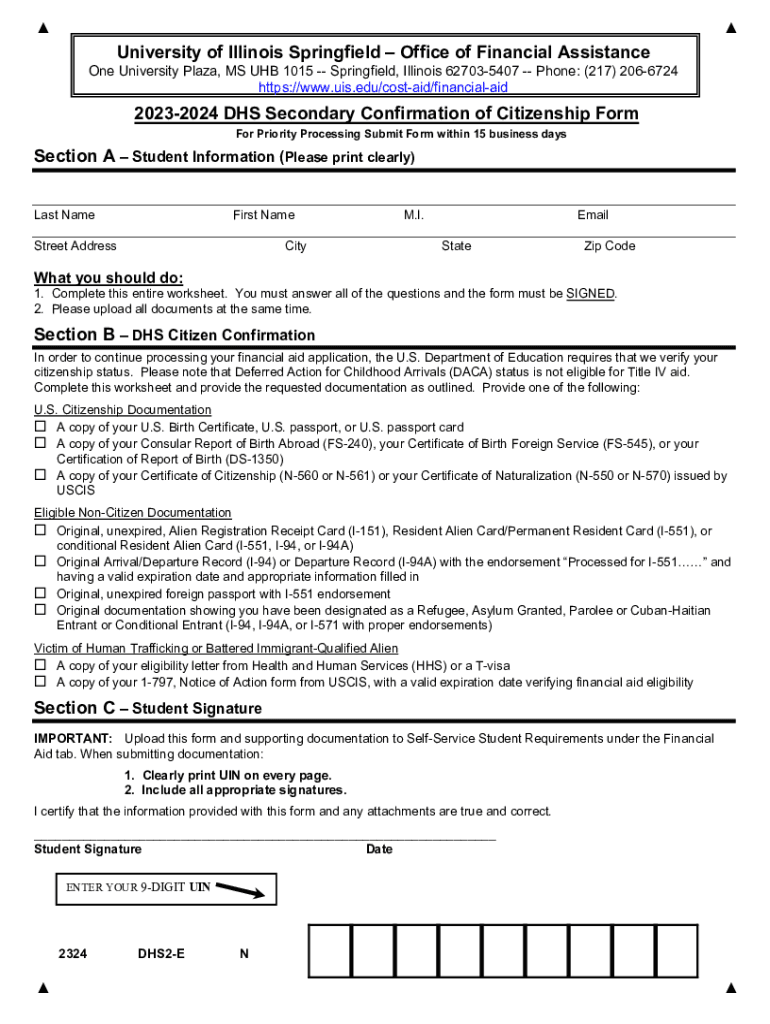 Fillable Online 2022-2023 DHS Secondary Confirmation of Citizenship Form Fax Email Print - pdfFiller