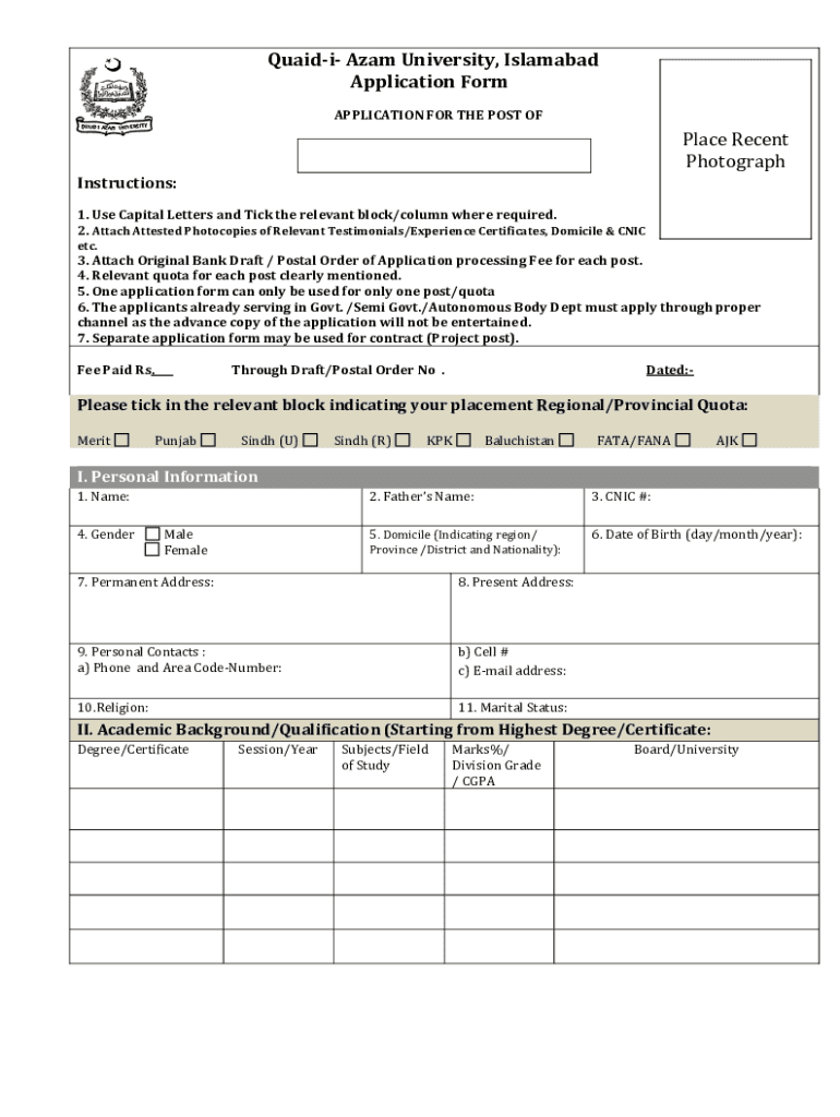 Fillable Online Azam University, Islamabad Application Form (BPS-17 to BPS-20) Fax Email Print ...