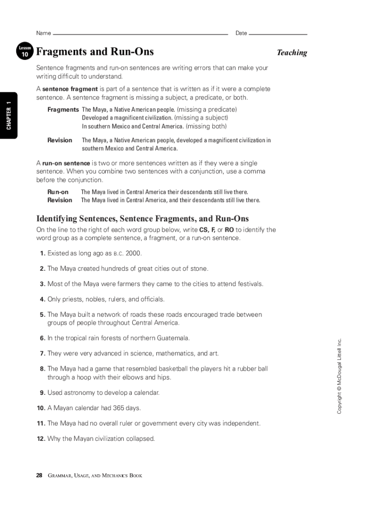 Fillable Online Recognizing and Correcting Sentence Fragments and Run ...