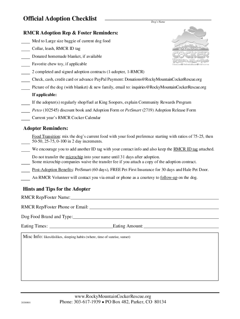 Fillable Online Dog Adoption Checklist: All You Need for New Family ... Fax Email Print - pdfFiller