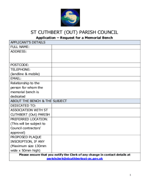 Fillable Online Request for a Memorial Bench APPLICANT'S DETAILS Fax ...