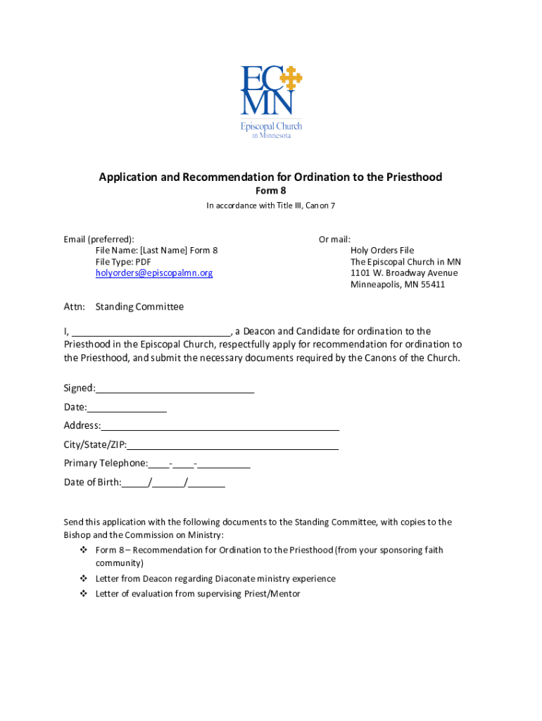 Fillable Online Form 8 - Application and Recommendation for Ordination ...