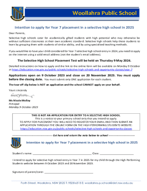Fillable Online Intention to apply for Year 7 placement in a selective ...