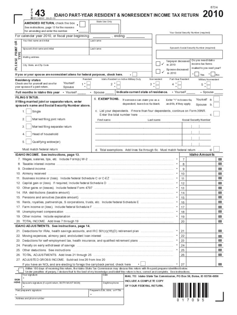 Fillable Online Idaho Part-Year Resident and Nonresident Income Tax ...