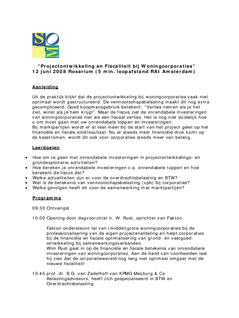 Invulbaar Online Projectontwikkeling en Fiscaliteit bij Woningcorporaties Faxnummer Email ...