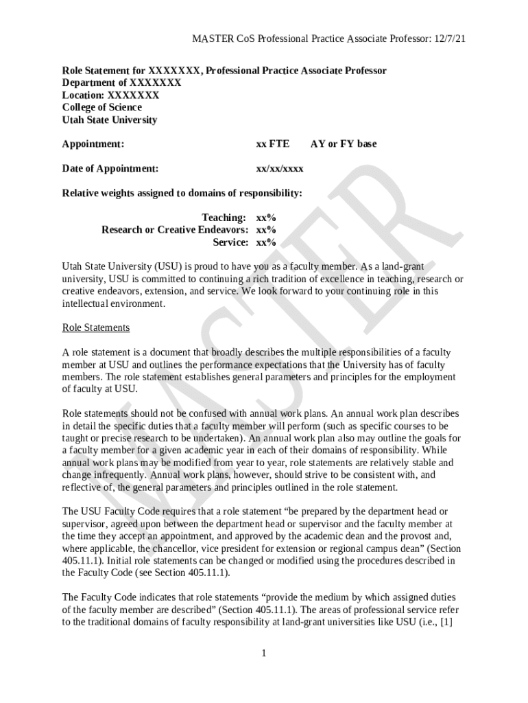 Role Statement for XXXXXXX, Professional Practice Associate Professor ...