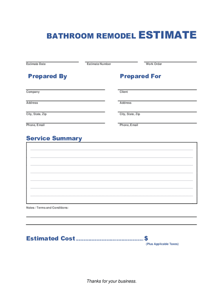 Fillable Online Bathroom Remodel Estimate Template Fax Email Print - pdfFiller