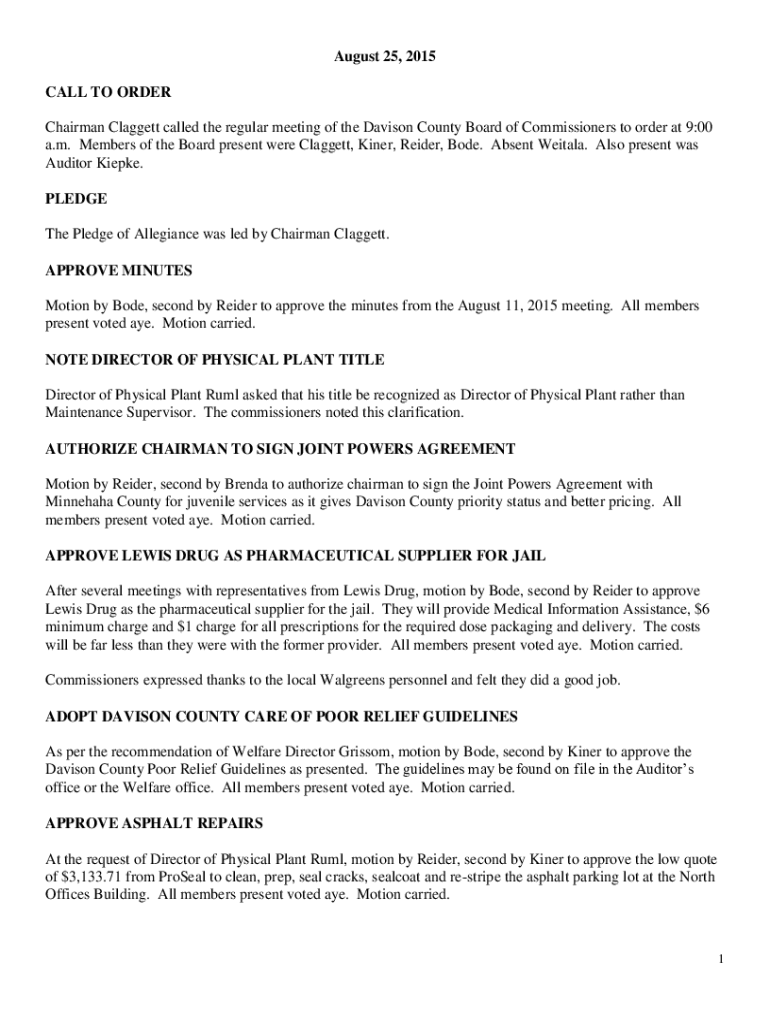 Fillable Online Members of the Board present were Claggett, Kiner ...