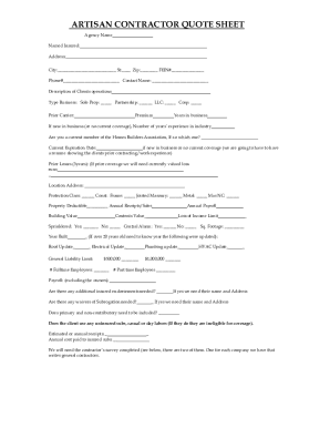 Fillable Online Artisan Contractor General Liability Quote Sheet Fax ...
