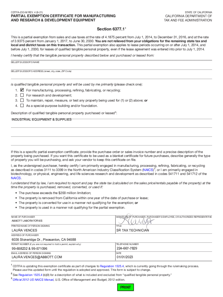Fillable Online Partial Exemption Certificate For Manufacturing ...