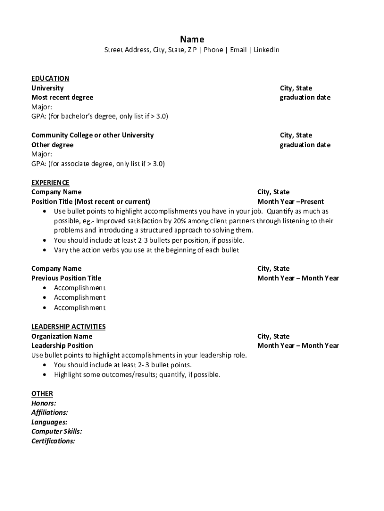 Fillable Online business fiu 30 Sample Resume Headings AVA FIRSTYEAR ...