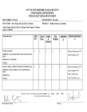 Fillable Online VENDOR BID TABULATION SHEET Fax Email Print - pdfFiller