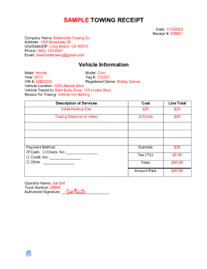 Fillable Online Free Vehicle Towing Receipt Template - PDFWord Fax ...