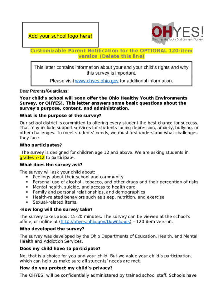 Optional 120-item Survey - Parent Notification & Opt-Out Doc Template | pdfFiller