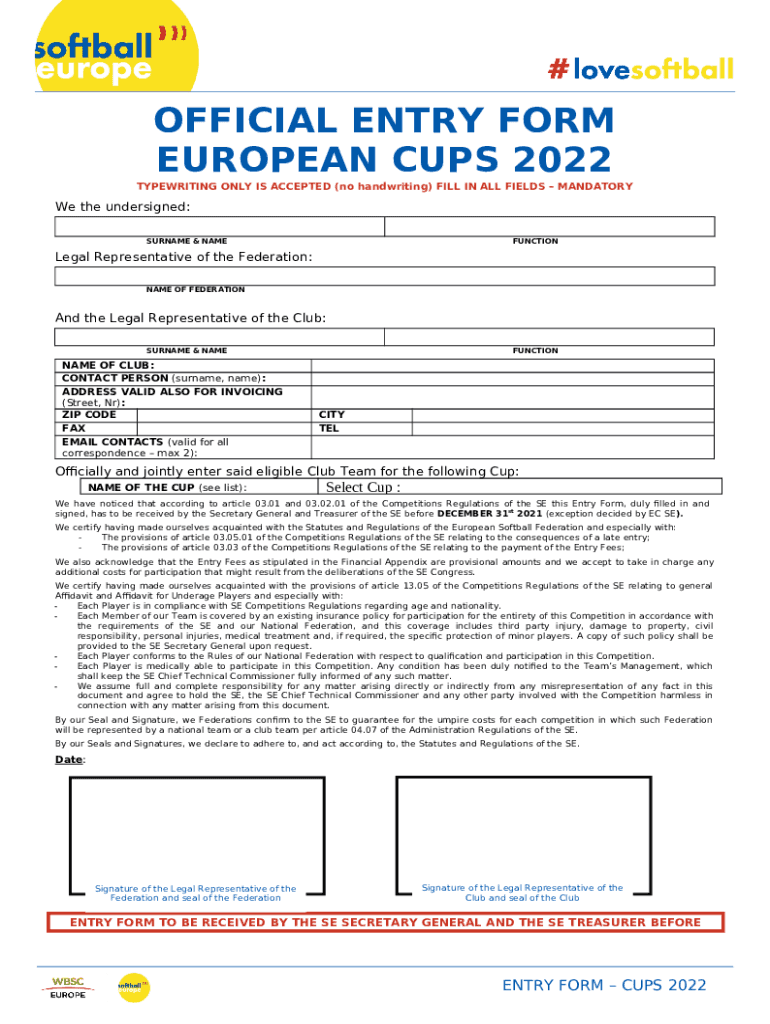 official entry european cups 2022 Doc Template | pdfFiller