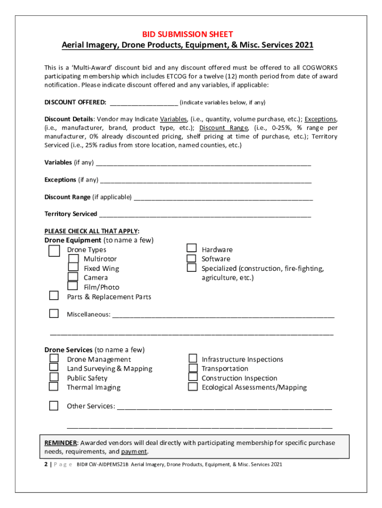 Fillable Online BID SUBMISSION SHEET Aerial Imagery, Drone Products ... Fax Email Print - pdfFiller