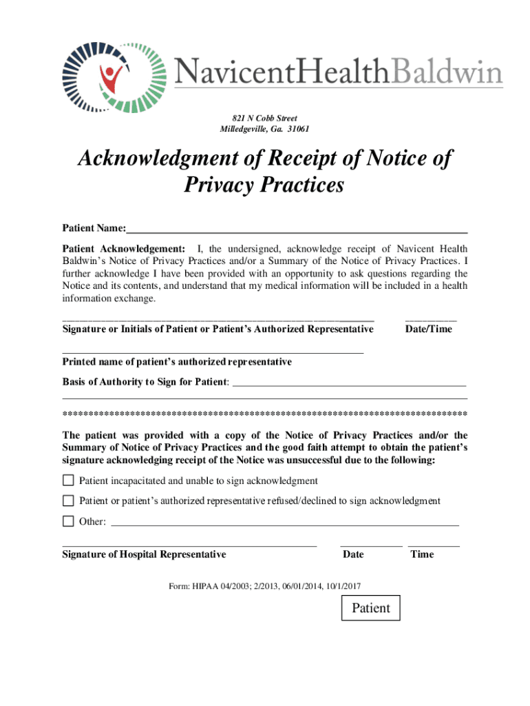 Fillable Online Patient acknowledgement of receipt of Notice Fax Email ...