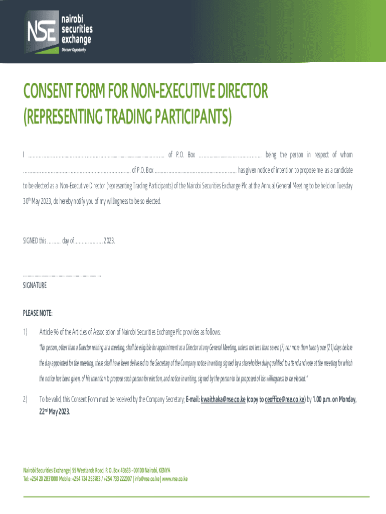Fillable Online CONSENT FORM FOR NON-EXECUTIVE DIRECTOR(REPRESENTING TRADING PARTICIPANTS) Fax ...