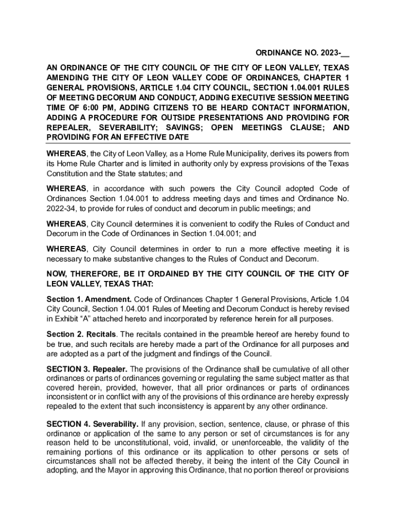 Fillable Online ordinance no. an ordinance of the city of leon valley ...