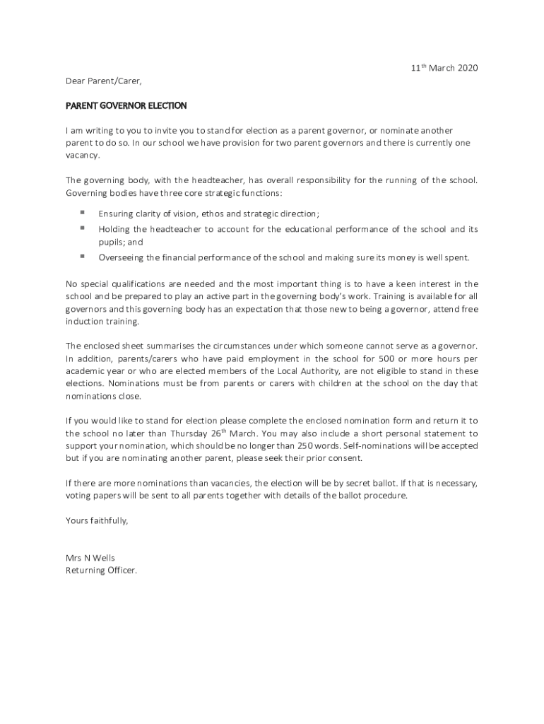 Fillable Online Election of Parent Governors Letter Fax Email Print ...