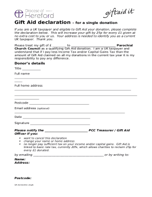 Gift Aid declaration - for a single donation Doc Template | pdfFiller