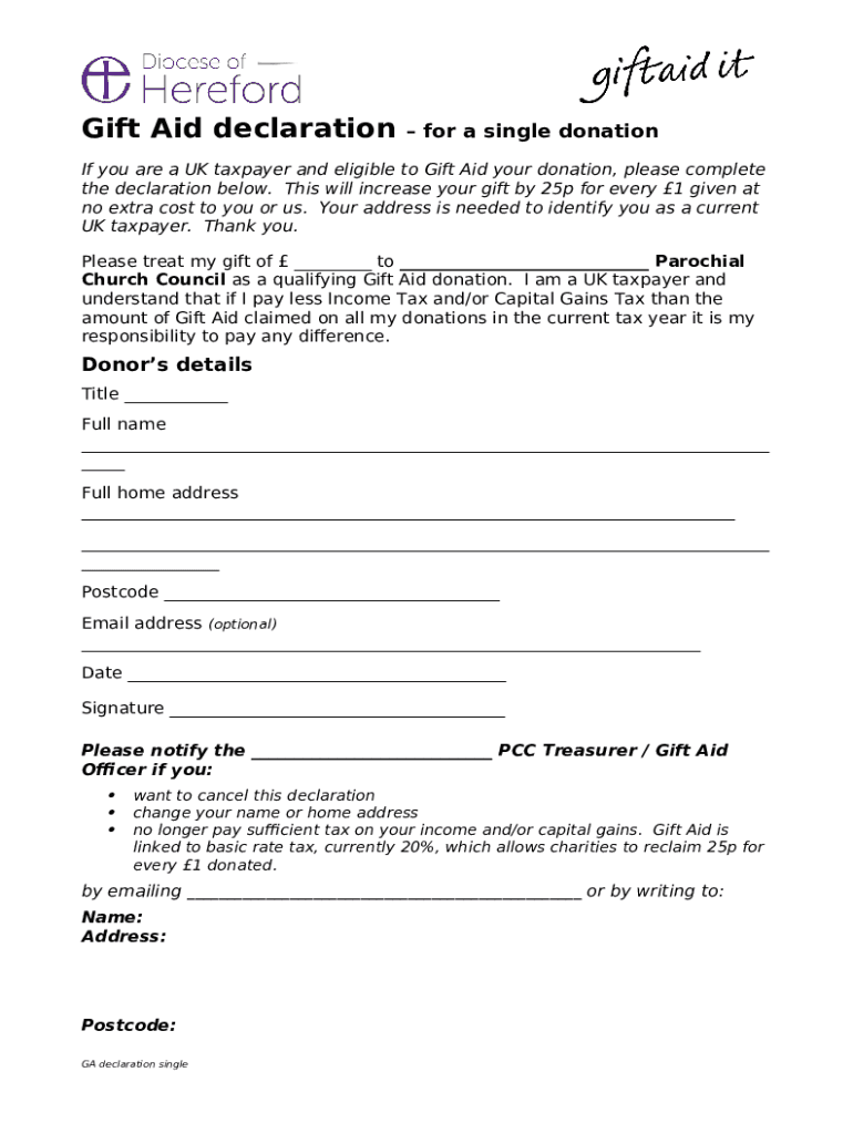 Gift Aid declaration - for a single donation Doc Template | pdfFiller