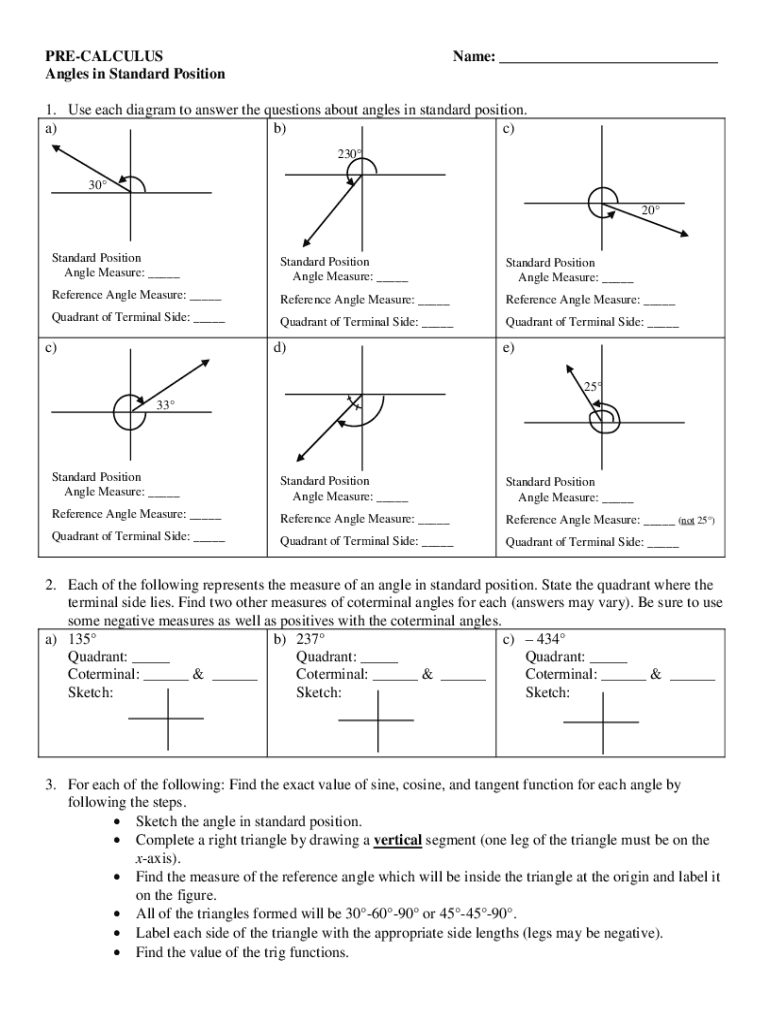 Fillable Online Angles in Standard Position 1. Use each diagram to ...