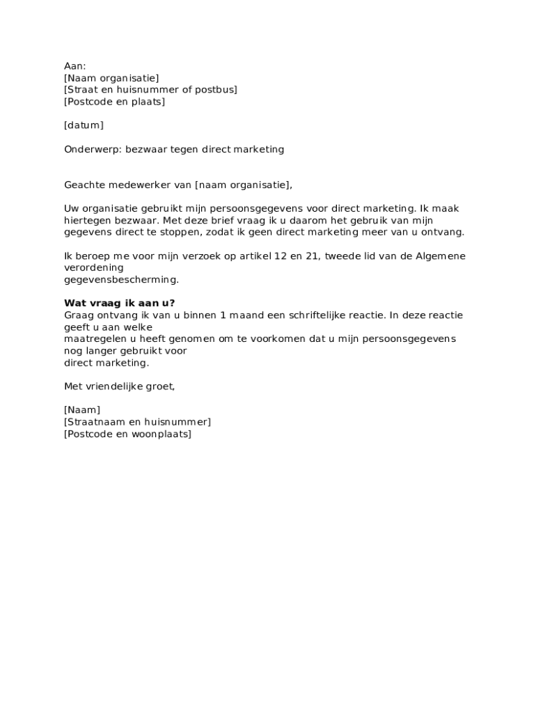 Voorbeeldbrief verzoek bezwaar direct marketing Doc Template | pdfFiller