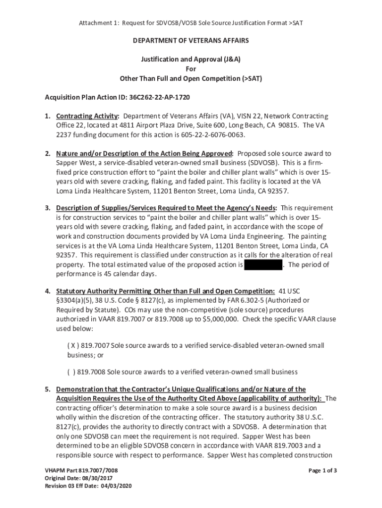 Fillable Online 819.7009 Sole source awards to verified veteran-owned ...